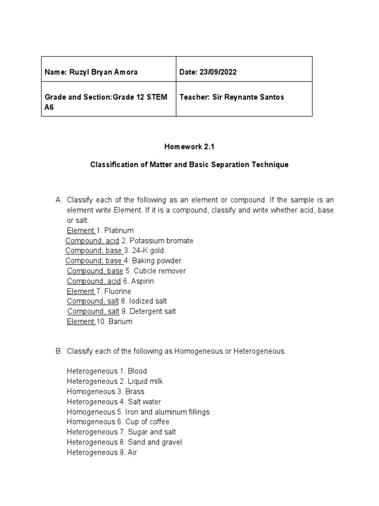 Classification of Matter and Basic Separation Technique (Ruzyl Amora) | PDF