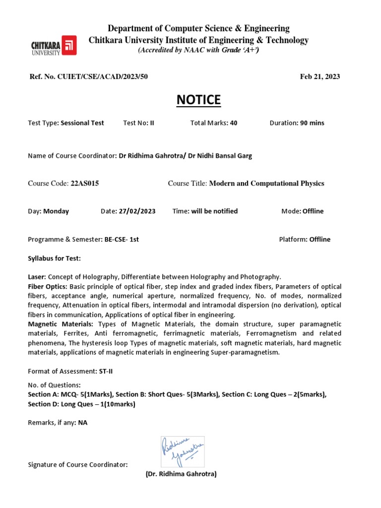 Test Announcement Notice - BE CSE Batch 2022 ST-II For The Subject of ...