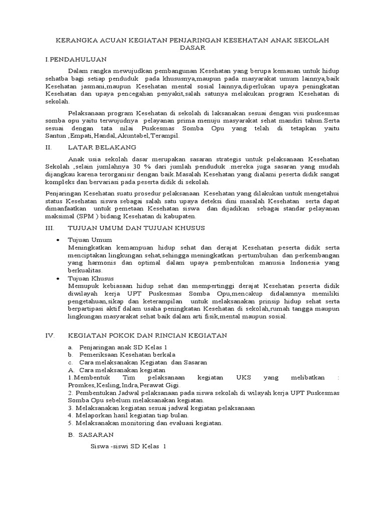 Kerangka Acuan Kegiatan Penjaringan Kesehatan Anak Sekolah Dasar | PDF