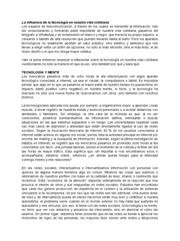 La Influencia de La Tecnología en Nuestra Vida Cotidiana | PDF ...