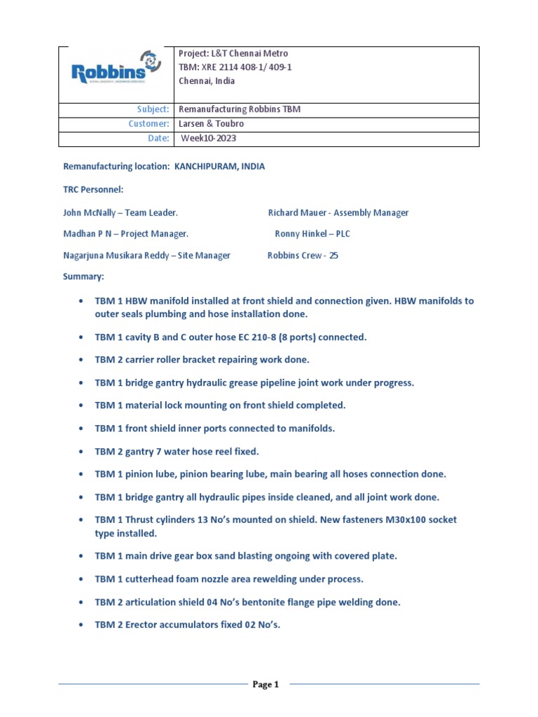 Assembly Report L&T Chennai XRE Week 10 - 2023 | PDF | Civil ...