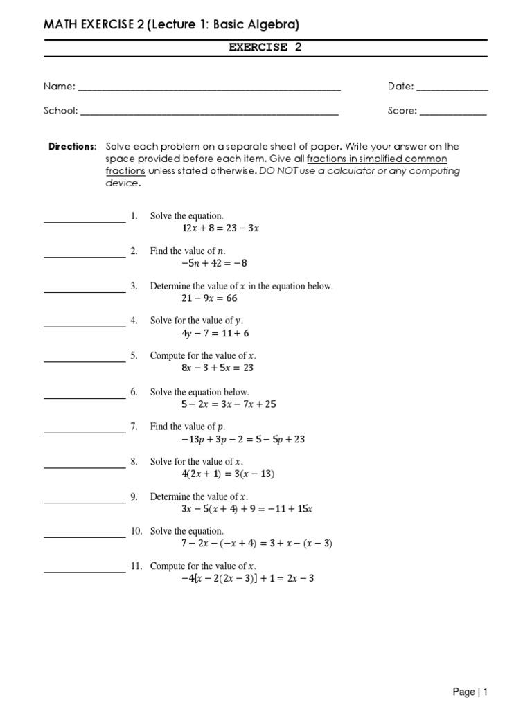 Basic Algebra Problem Set | PDF | Equations | Mathematics