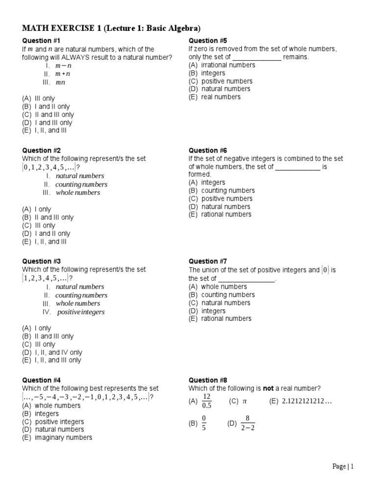 Pisay Math Exercise 1 Basic Algebra Download Free Pdf Numbers