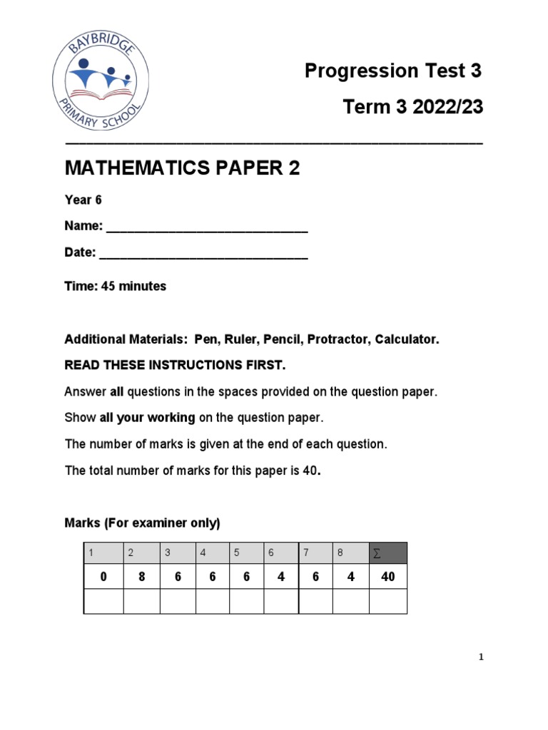 Year 6 Math Progression Test 3 Paper 2. | PDF | Mathematics | Arithmetic