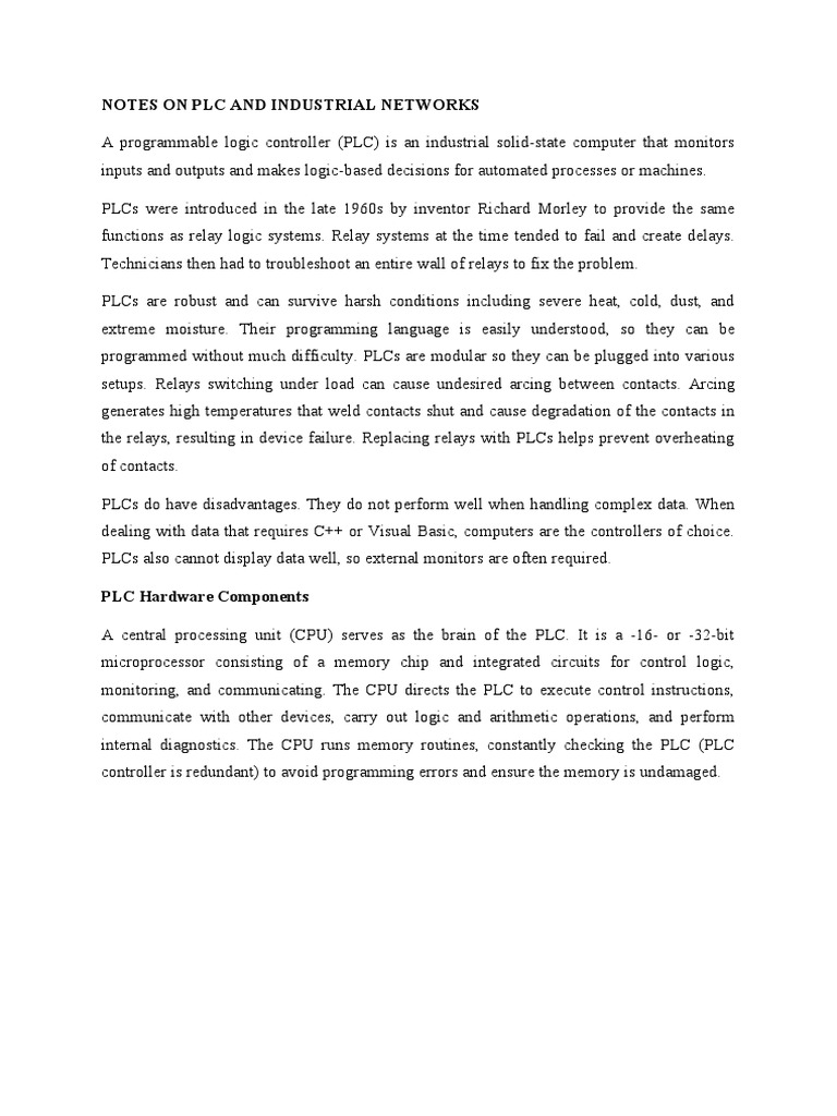 Notes On PLC and Industrial Networks | PDF | Programmable Logic ...