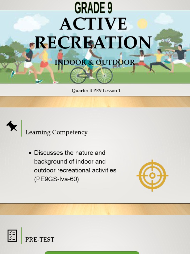 Q4-Ppt-Pe9 - Lesson 1 (Concept of Active Recreation) | PDF | Recreation | Physical Fitness
