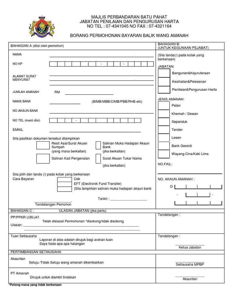 Borang Permohonan Bayaran Balik Wang Amanah MPBP, JOHOR. | PDF