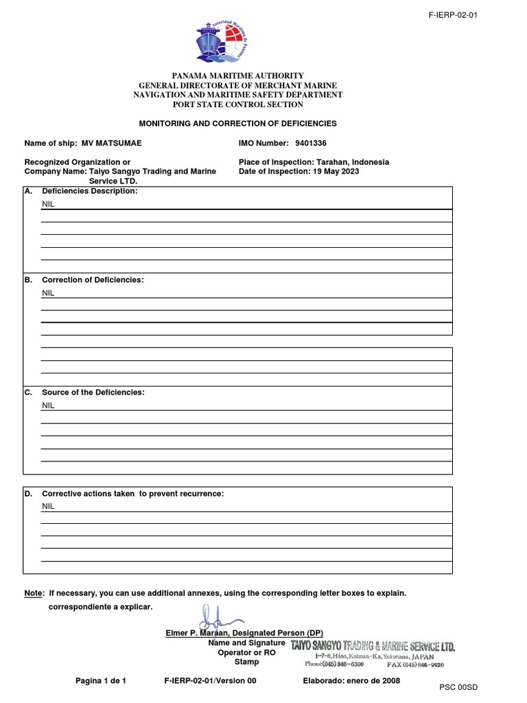 Inspection Report for MV Matsumae | PDF