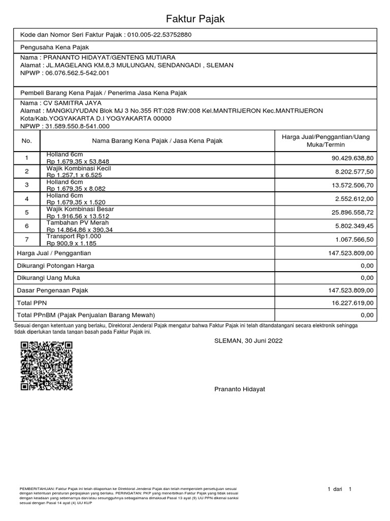 Faktur Pajak CV Samitra Jaya 2022 | PDF