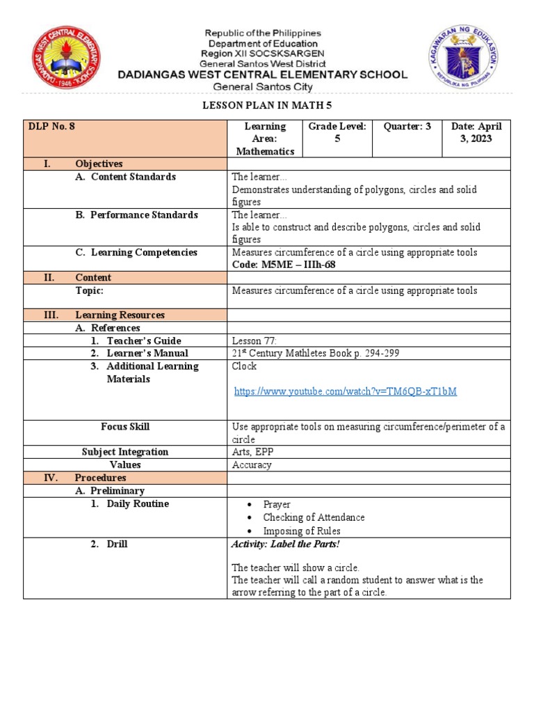 Lesson Plans in Math 5 | PDF | Circle | Learning