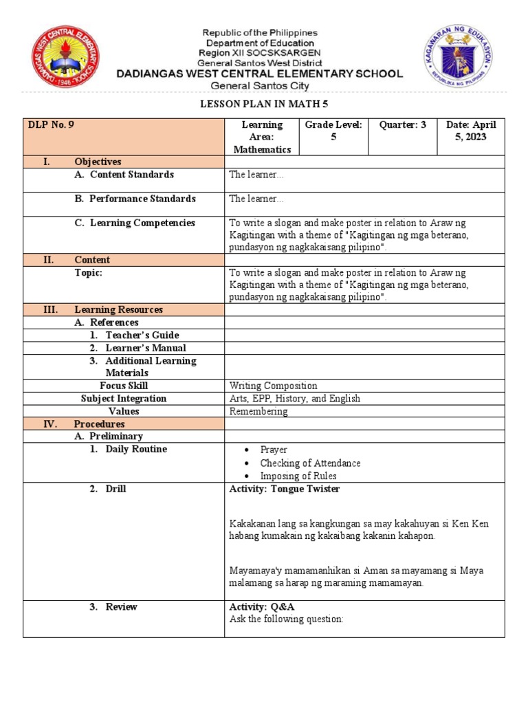 Lesson Plans in Math 5 | PDF