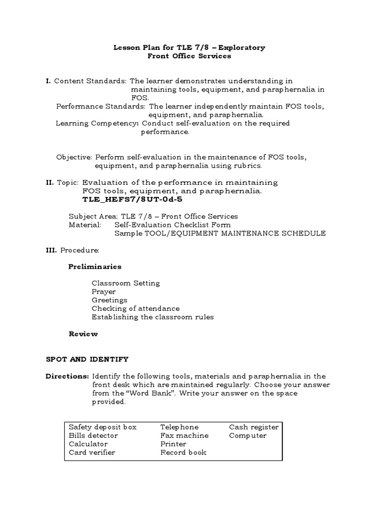 LO2 Perform Self Evaluation in The Maintenance of FOS Tools Etc | PDF ...
