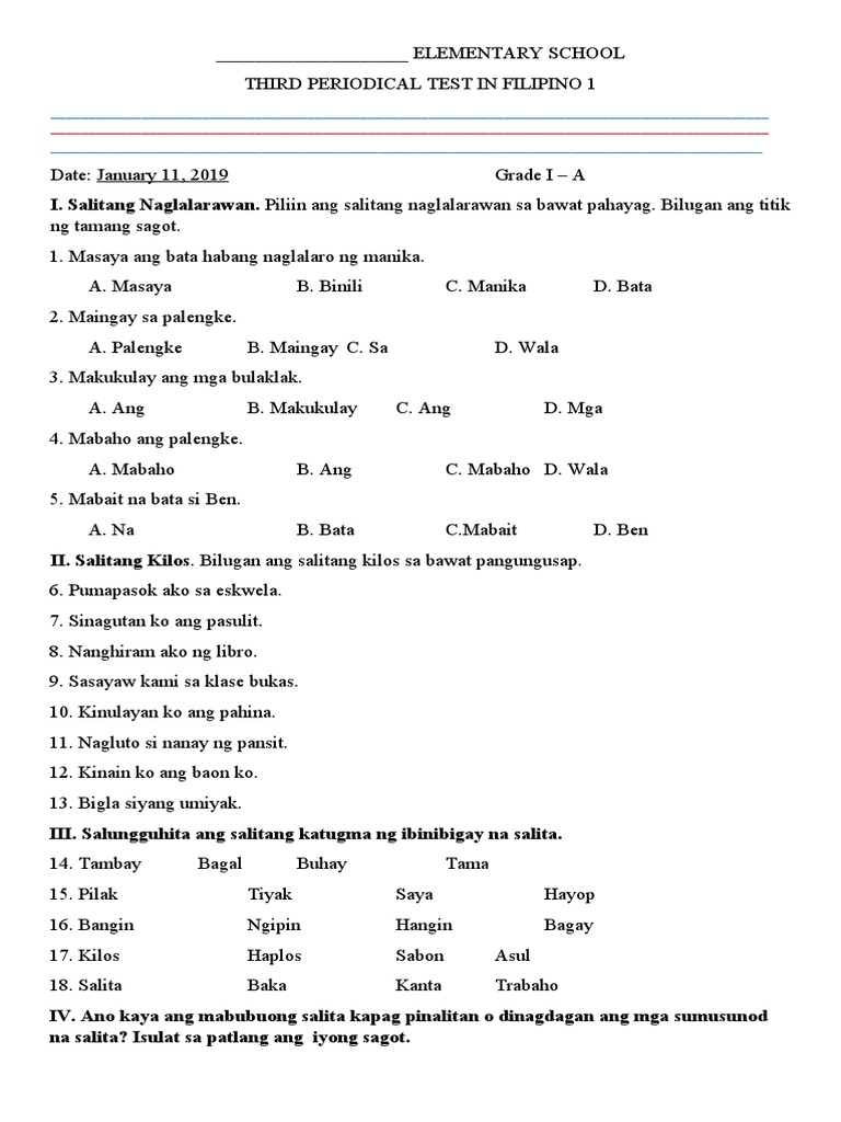 Third Periodical Test in Filipino 1 | PDF