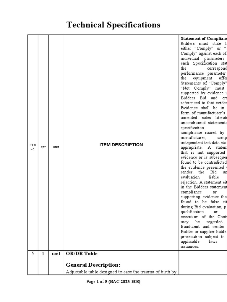 OR/DR Table Technical Specifications | PDF | Stainless Steel | Materials