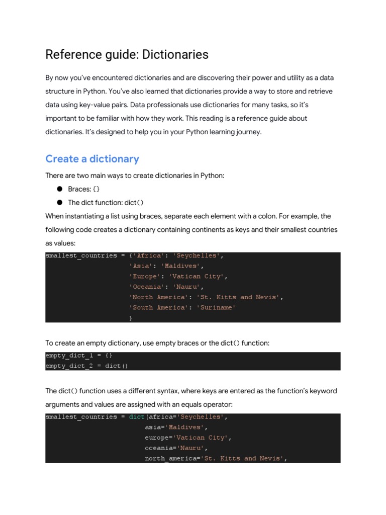 Reference Guide - Dictionaries | PDF | Computer Science | Computer Data Reference Guide - Dictionaries | PDF | Computer Science | Computer Data