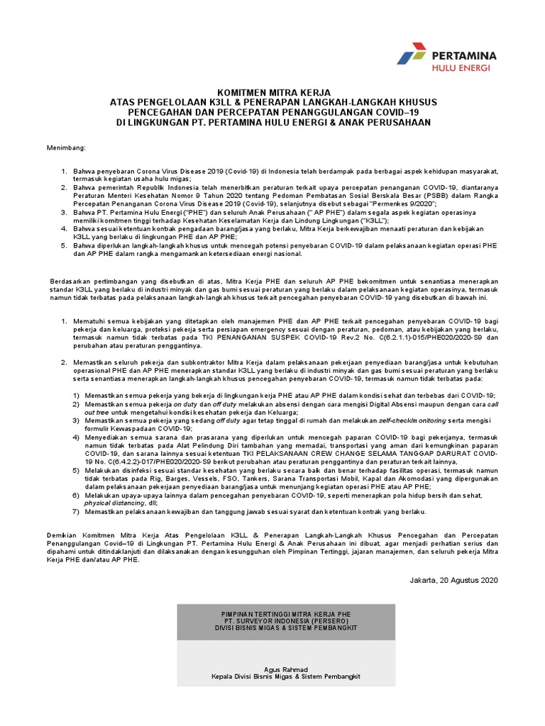 Komitmen Manajemen Phe Dan Mitra Kerja Phe Dalam Pencegahan Covid-19 - Eksternal | PDF