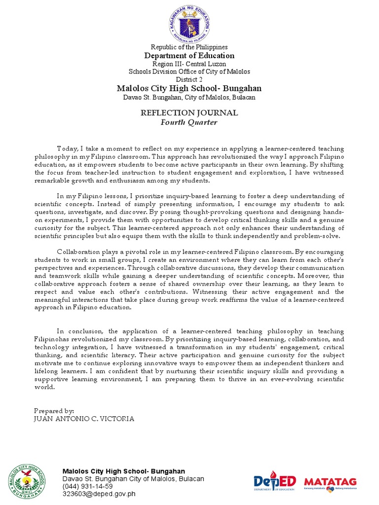 Reflection Journal Fourth Quarter | PDF | Inquiry Based Learning | Learning