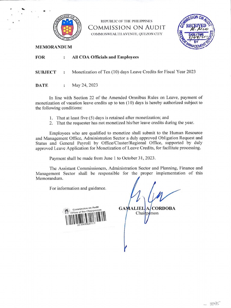 Monetization of Ten (10) Days Leave Credits For Fiscal Year 2023 - 0001 | PDF