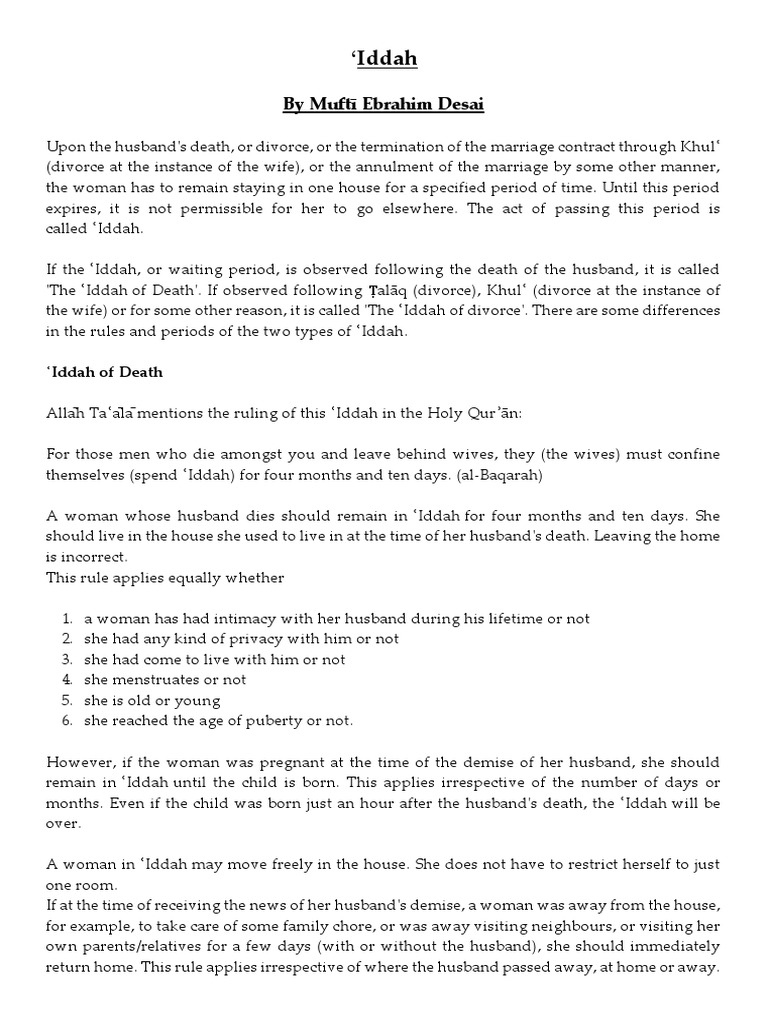 'Iddah - by Mufti Ebrahim Desai | PDF | Divorce | Wife