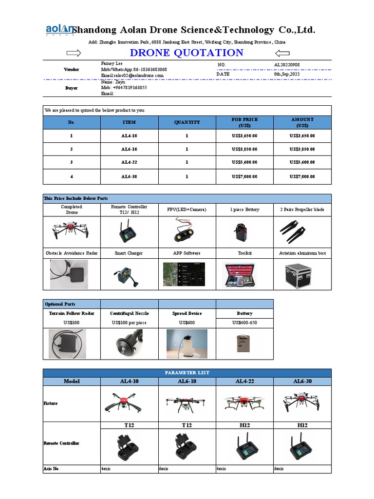 Zayn Agricultural Sprayer Drone Offer Sheet From Aolan | PDF | Manufactured Goods