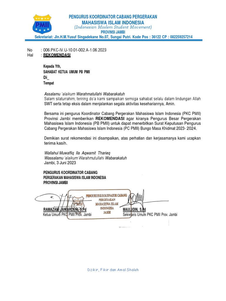 Surat Rekomendasi PC PMII BUNGO | PDF