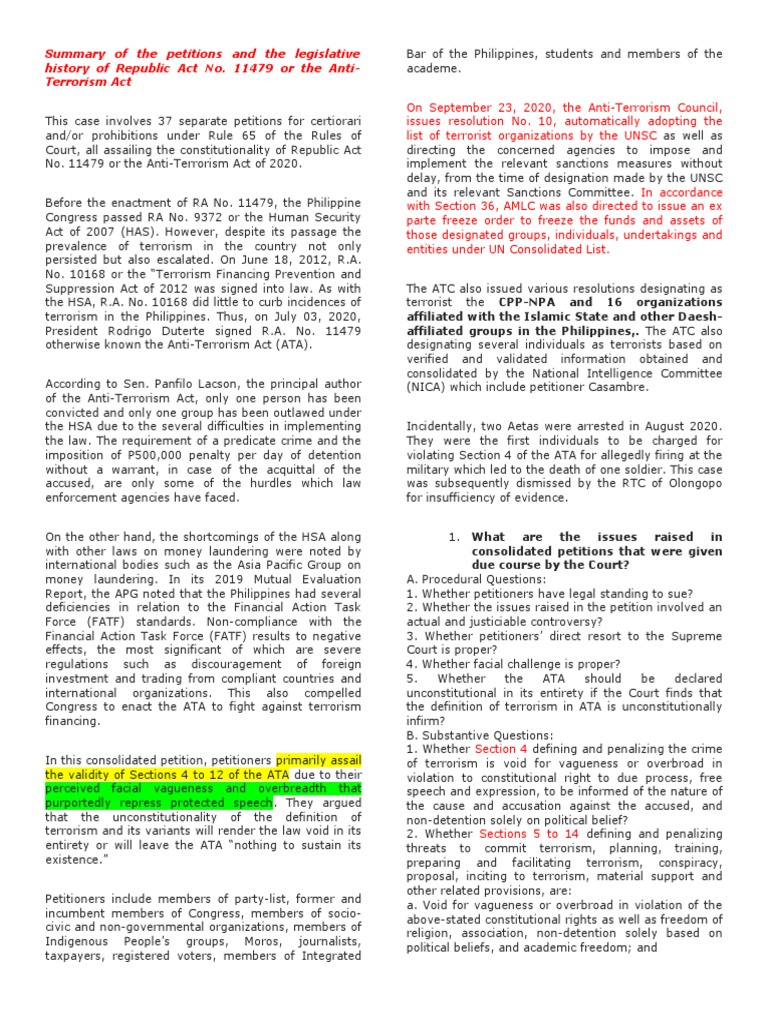 Summary of The Petitions - Anti Terrorism Law | PDF | Search Warrant ...