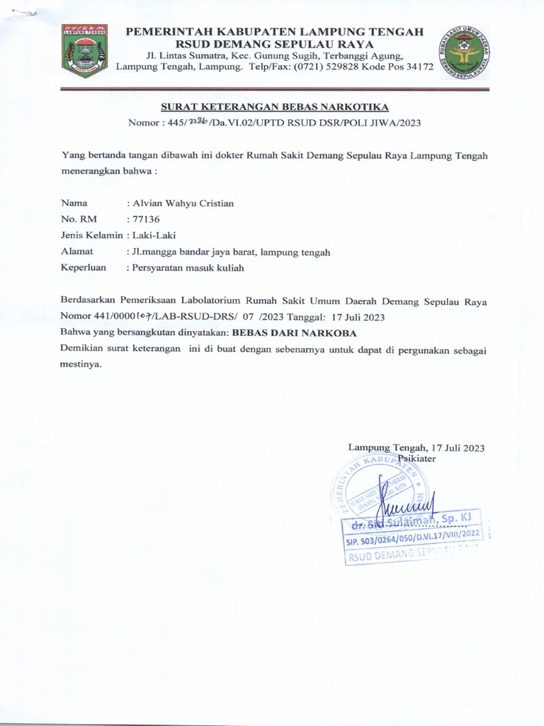 Surat Keterangan Bebas Narkoba | PDF