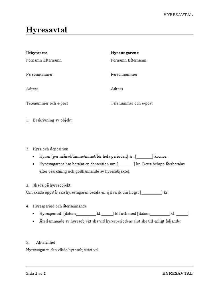 Hyresavtal Hyreskontrakt Mall | PDF