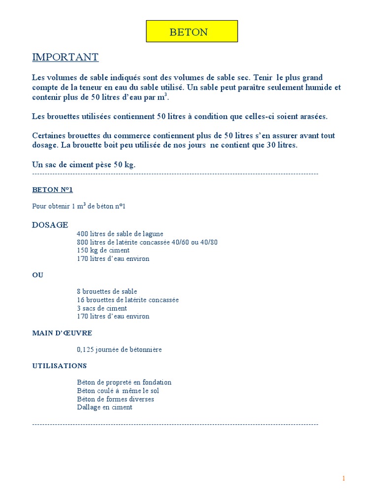 Dosage Des Materiaux | PDF | Mortier (matériau) | Béton
