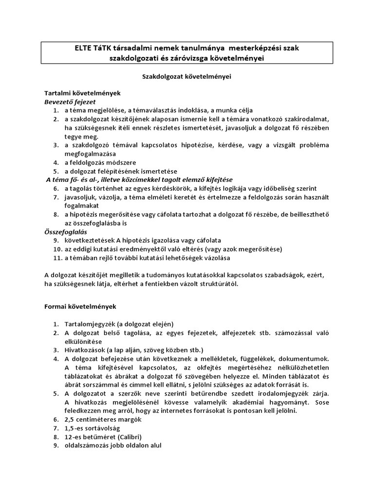 ELTE TáTK - Társadalmi Nemek Tanulmánya - SZD - Követelmények+zv Tételek | PDF