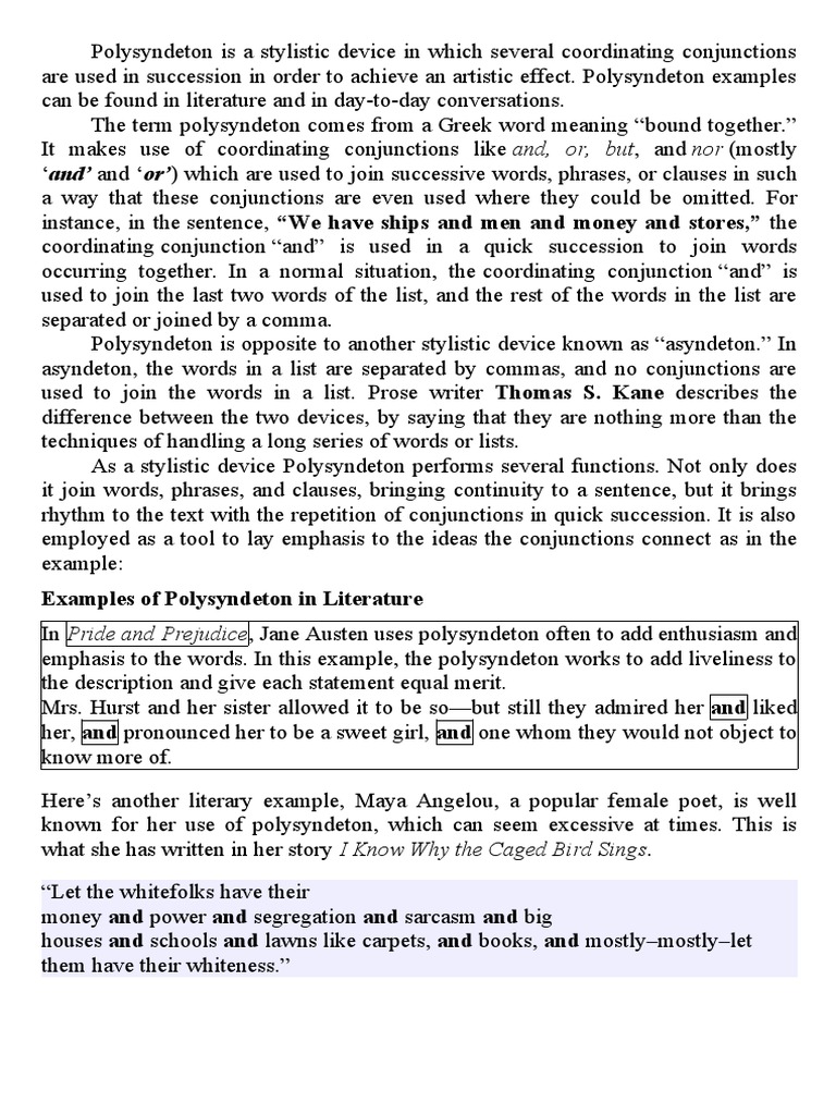 Polysyndeton Is A Stylistic Device in Which Several Coordinating Conjunctions Are Used in ...