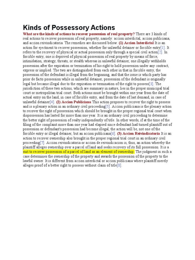 Kinds of Possessory Actions | PDF | Eviction | Lawsuit