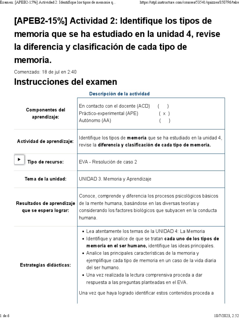 Examen [APEB2-15_] Actividad 2 Identifique Los Tipos de Memoria Que Se Ha Estudiado en La Unidad ...