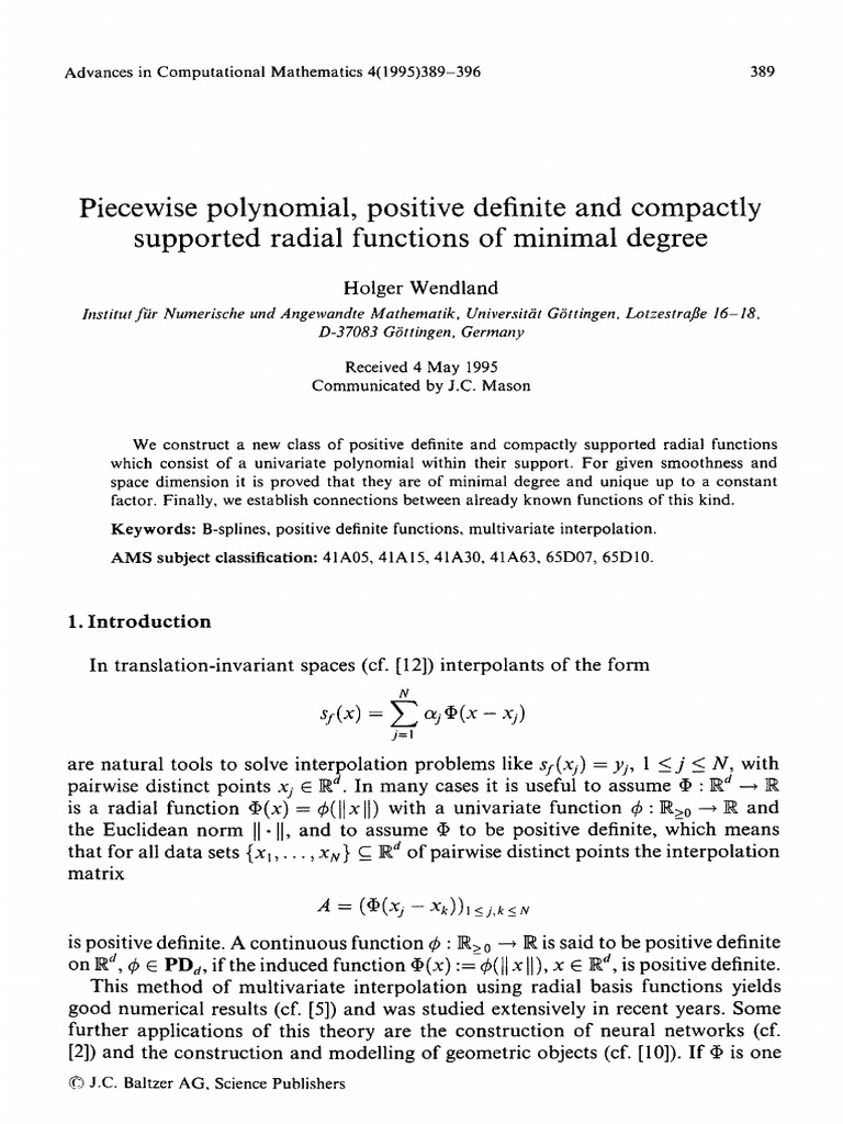 Wendland1995 Article PiecewisePolynomialPositiveDef | PDF | Interpolation | Function (Mathematics)