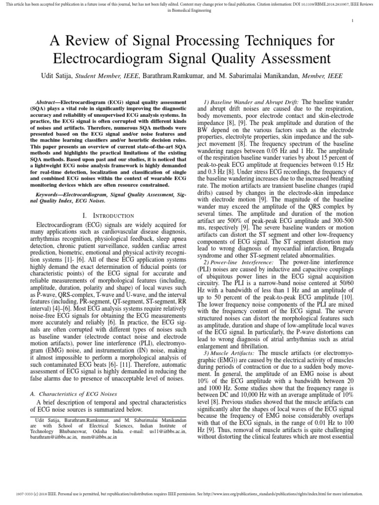 A Review of Signal Processing Techniques For Electrocardiogram Signal ...