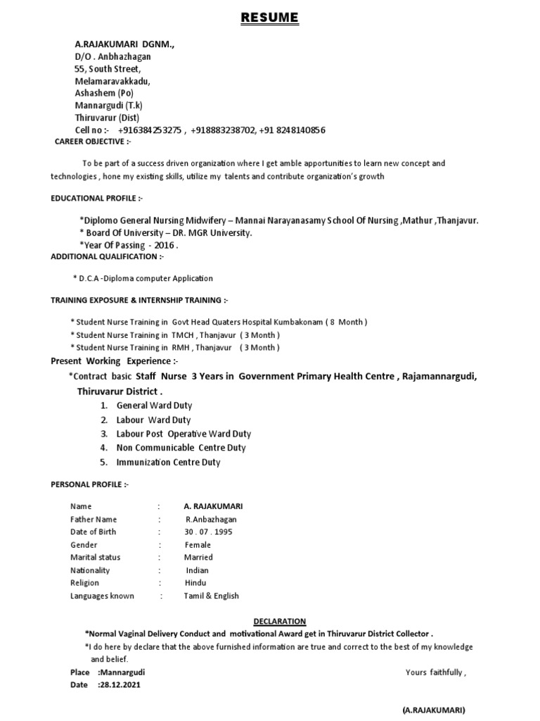 Nurse Resume: A. Rajakumari, DGNM | PDF | Career & Growth