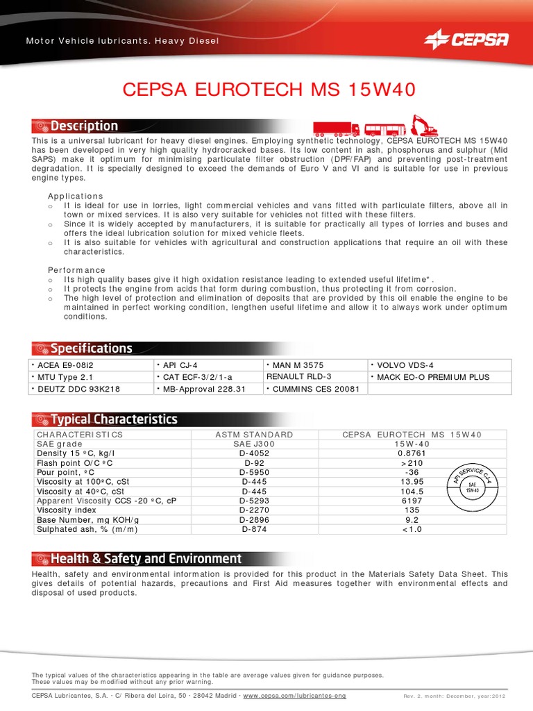 Cepsa Eurotech MS 15W40 | PDF | Physical Sciences | Chemical Substances