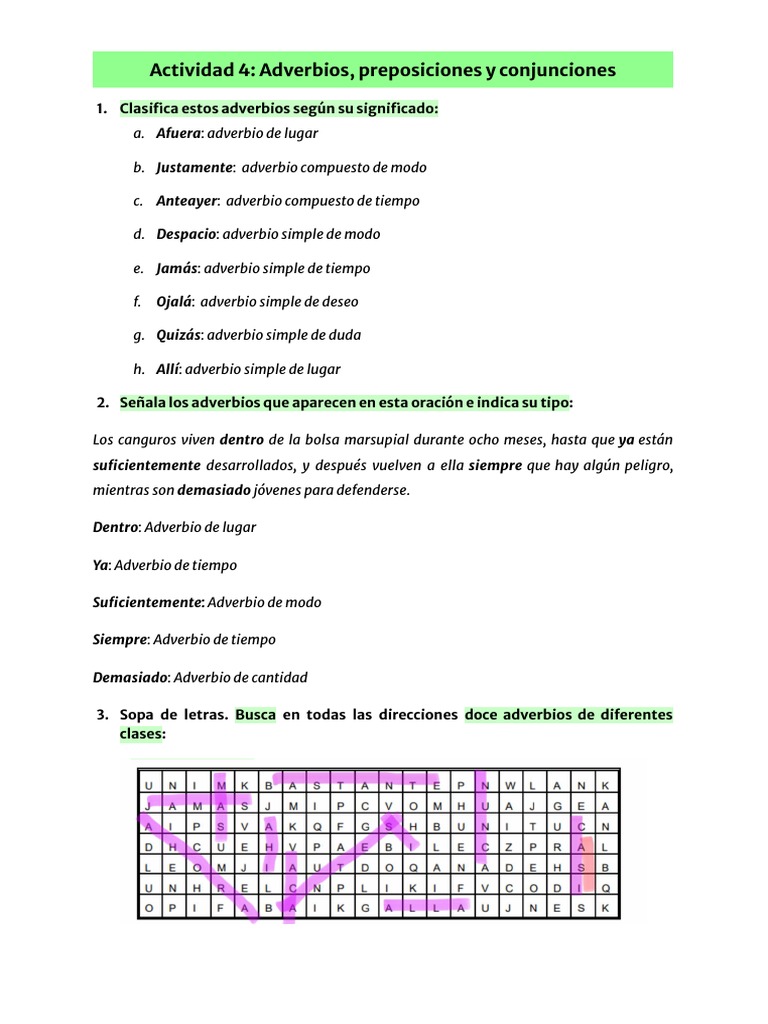 CORRECCIÓN - Actividad 4: Adverbios, Preposiciones y Conjunciones | PDF
