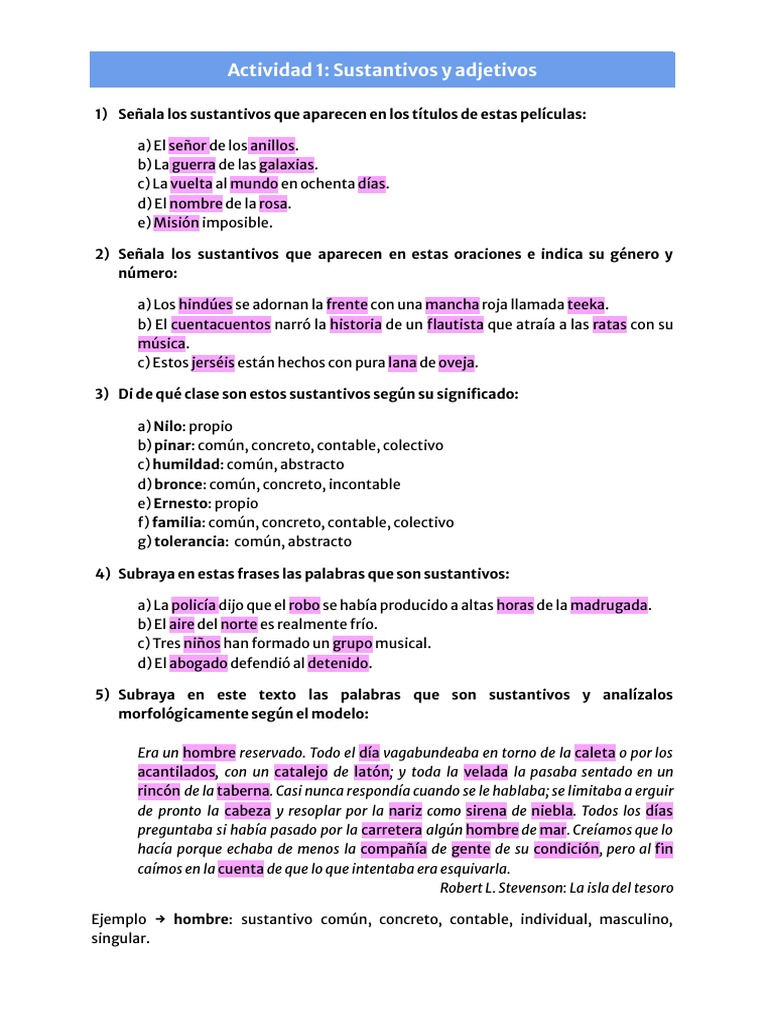 Ejercicios de Sustantivos y Adjetivos | PDF | Adjetivo | Sustantivo