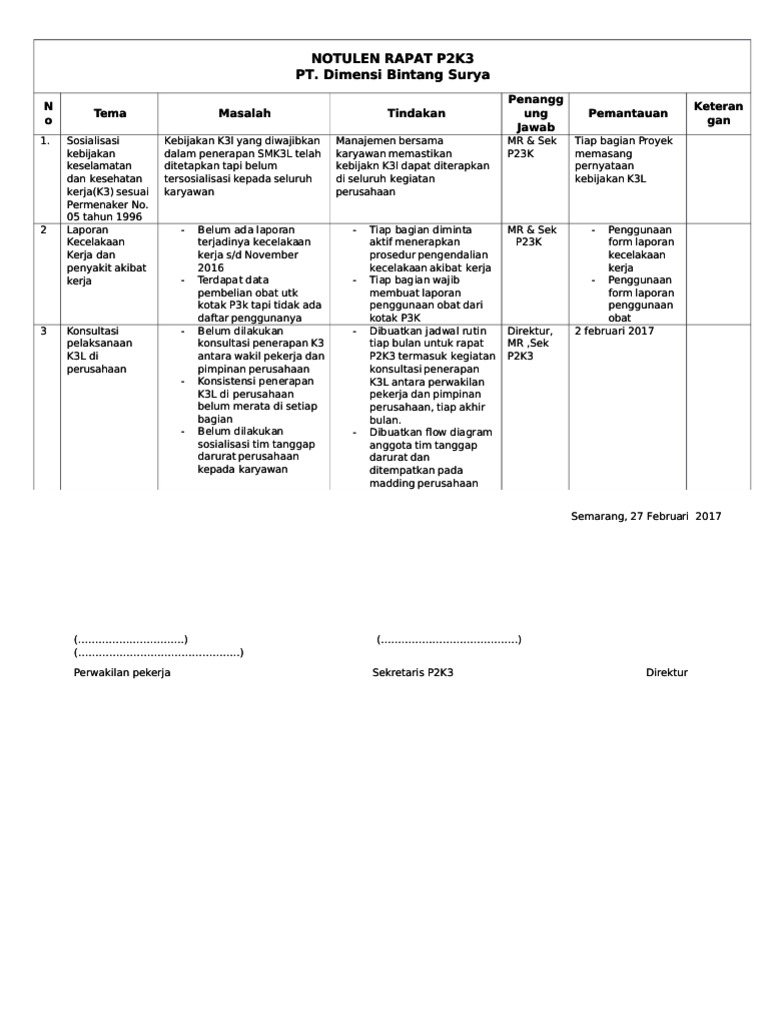Notulen Rapat p2k3 | PDF