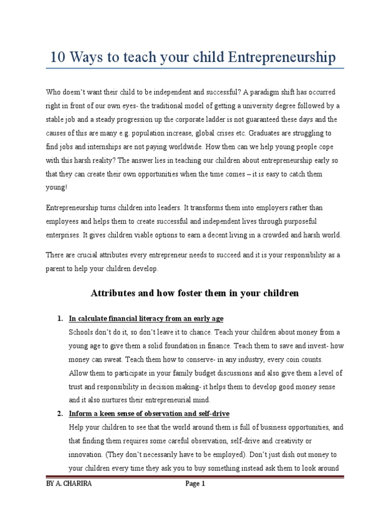 10 Ways To Teach Your Child Entrepreneurship | PDF | Entrepreneurship ...