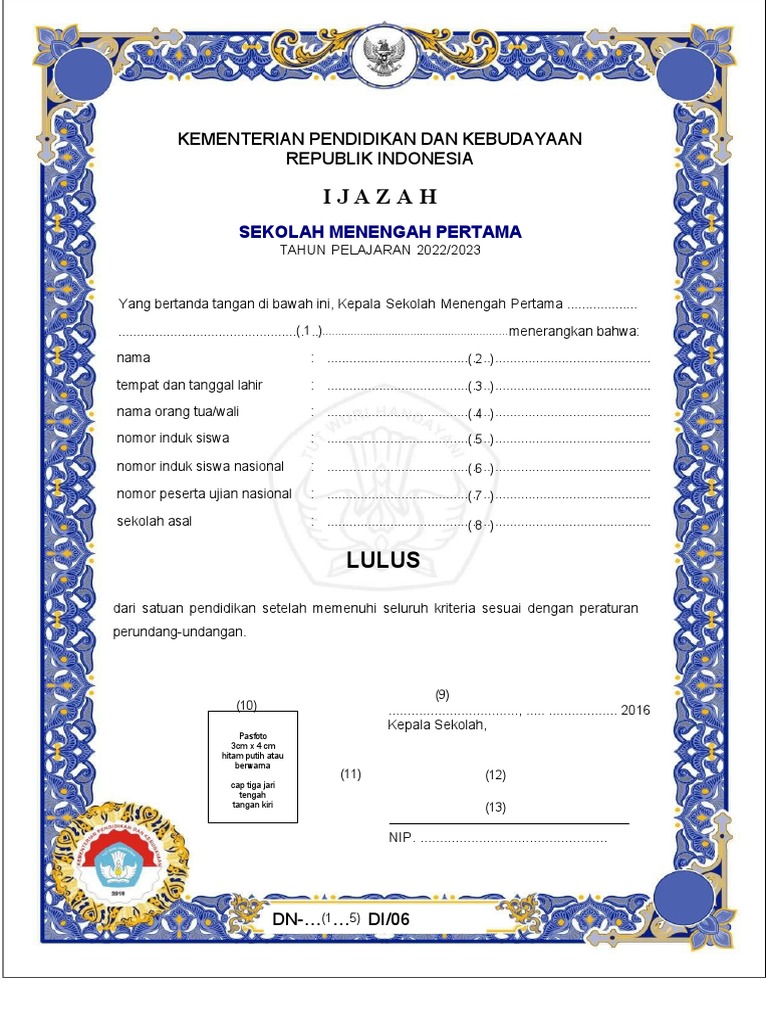 Contoh Blangko Ijazah SMP 2022 | PDF