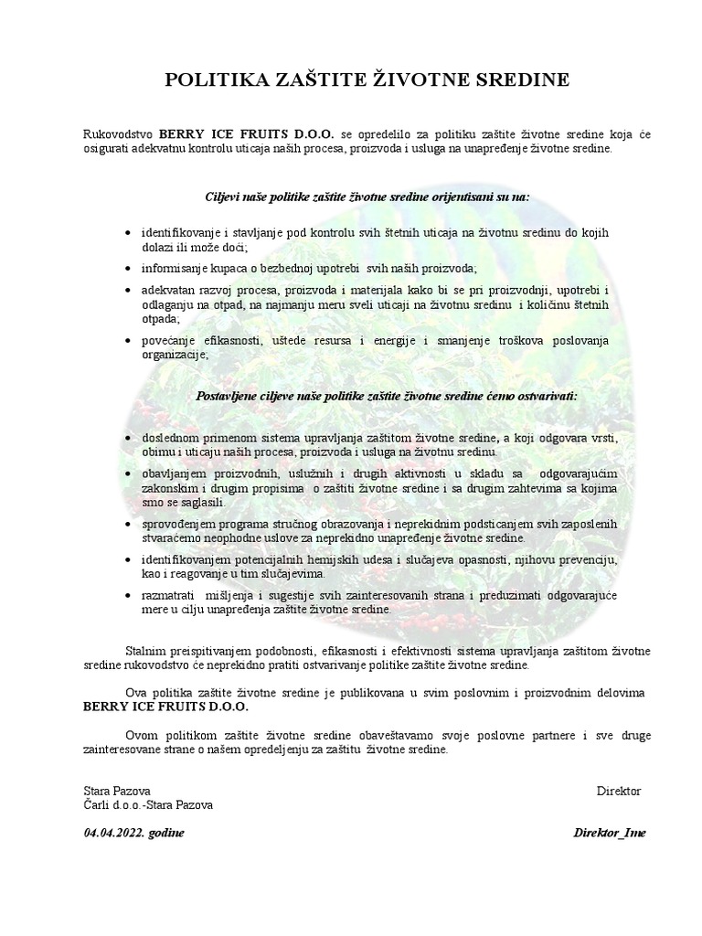Prilog 7 POLITIKA ZAŠTITE ŽIVOTNE SREDINE | PDF