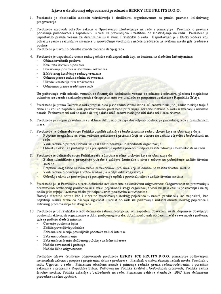 Prilog 8 Izjava o Društvenoj Odgovornosti Preduzeća | PDF