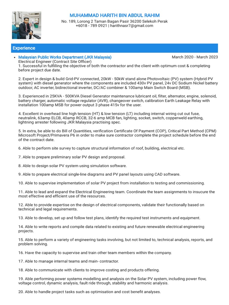 CV Muhammad Harith Bin Abdul Rahim | PDF | Photovoltaic System ...