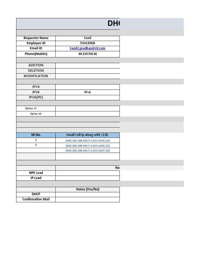 DHCP CHANGE REQUEST FORM - 1 Site-BH-Addition | PDF | Ip Address | I Pv6