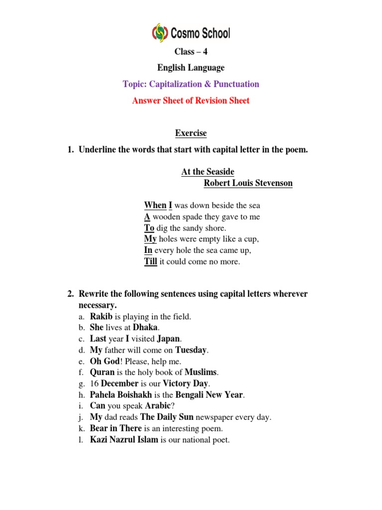Class - 4, Language, Capitalization & Punctuation, Answer Sheet | PDF ...
