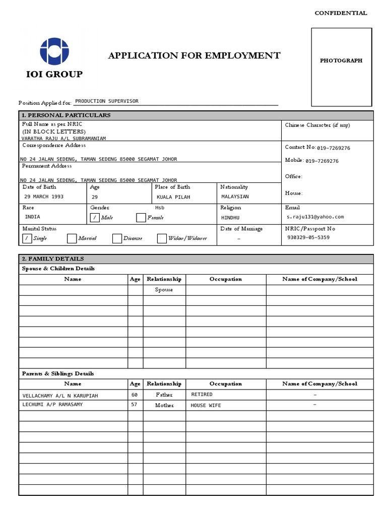 IOI Group (HR) - Employment Application Form - IOI Group | Download ...