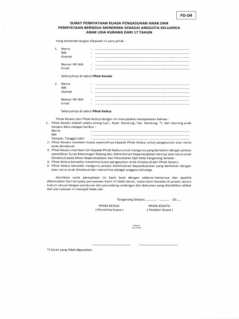 Surat Pernyataan Kuasa Pengasuhan Ank Dan Pernyt Bersedia Menerima SBG Anggt Kel Ank Usia KRNG ...