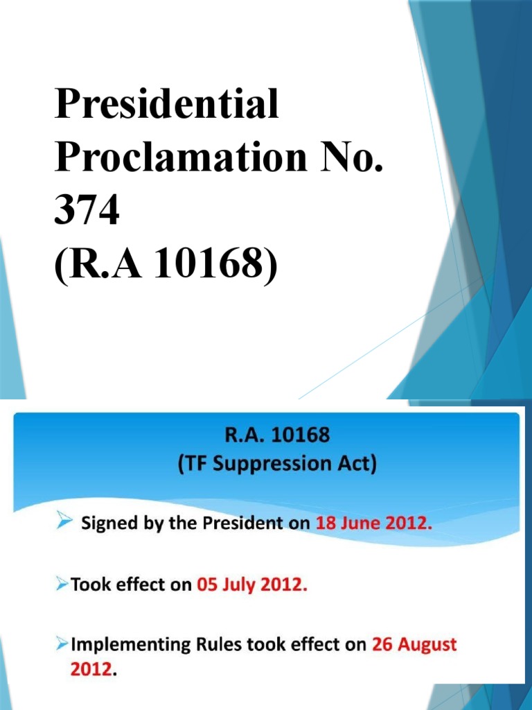 Presedential Proclamation No. 374 (R.a 10168) | PDF